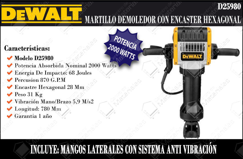 Dewalt Martillo Demoledor Hexagonal 28.6 D25980k 2000w 68j - Centro de ...