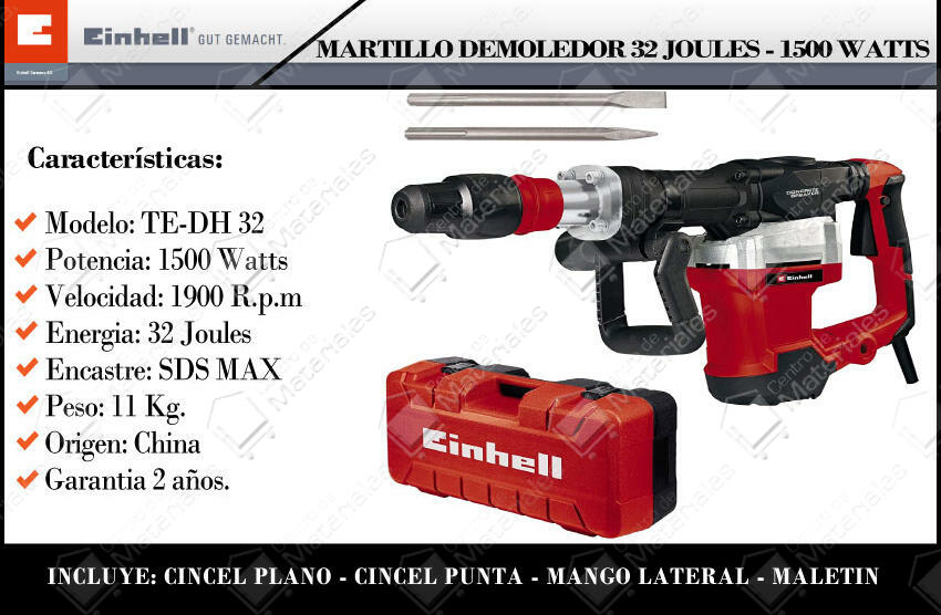 Einhell Martillo Demoledor Hex 32mm 32js 1500w + 2 Cinceles (te-dh 32) - Centro de Materiales