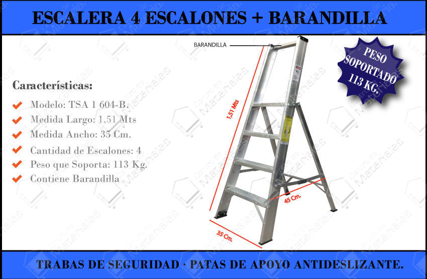Escalera Alum. Tijera Simple Acc. C/baranda 4 Escal. - Centro de Materiales